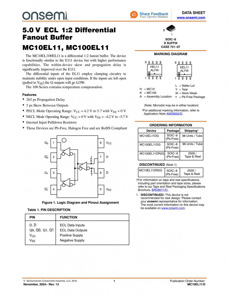MC100EL11 document page 1