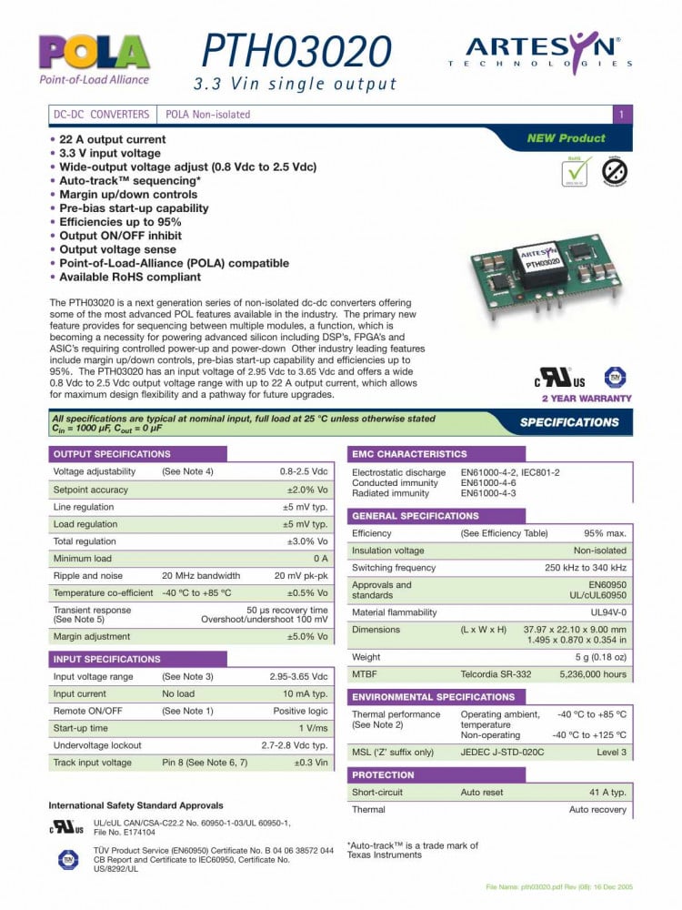 Artesyn PTH03020WAD datasheet page 1