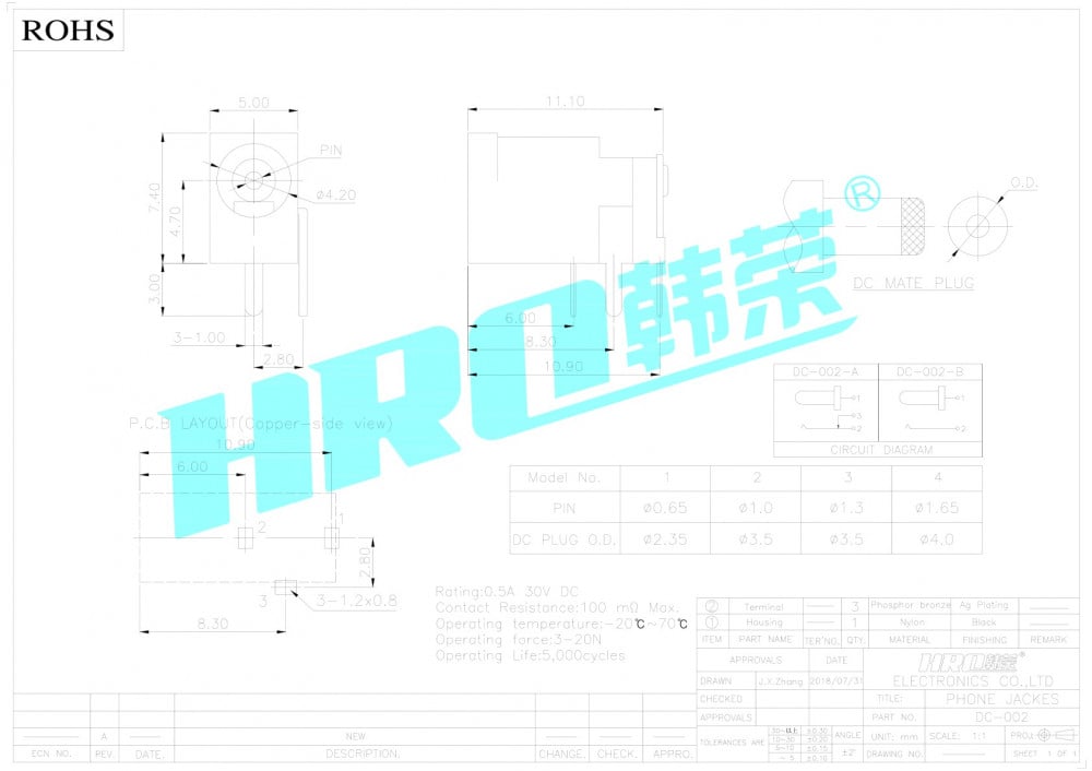 Korean Hroparts Elec DC-002 drawing and specification page