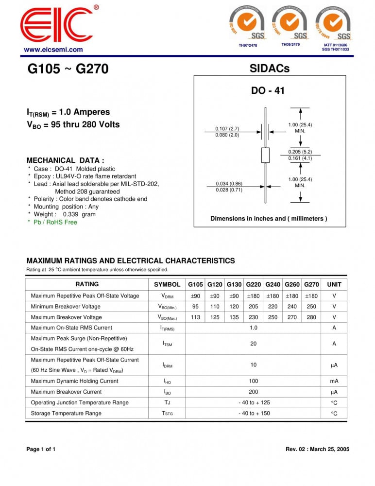 EIC G105 SIDAC datasheet page