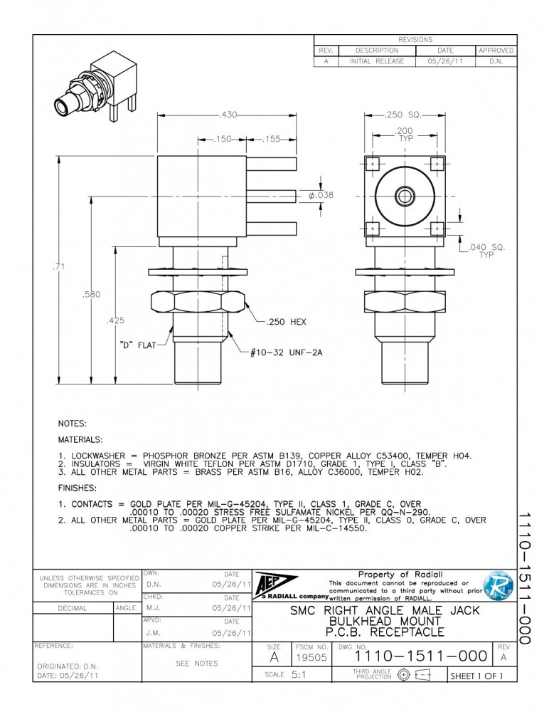 Radiall drawing for 1110-1511-000, SMC right-angle male jack bulkhead-mount PCB receptacle