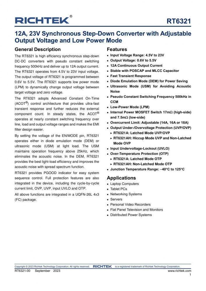 RT6321 datasheet page 1