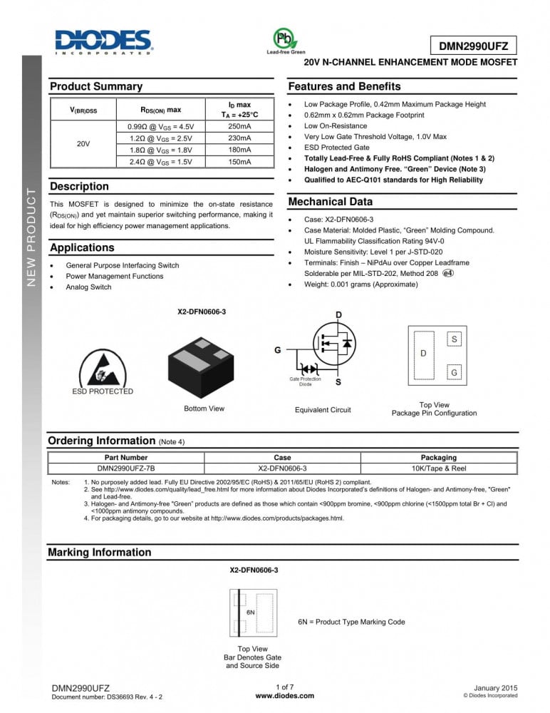 DMN2990UFZ-7B datasheet page 1
