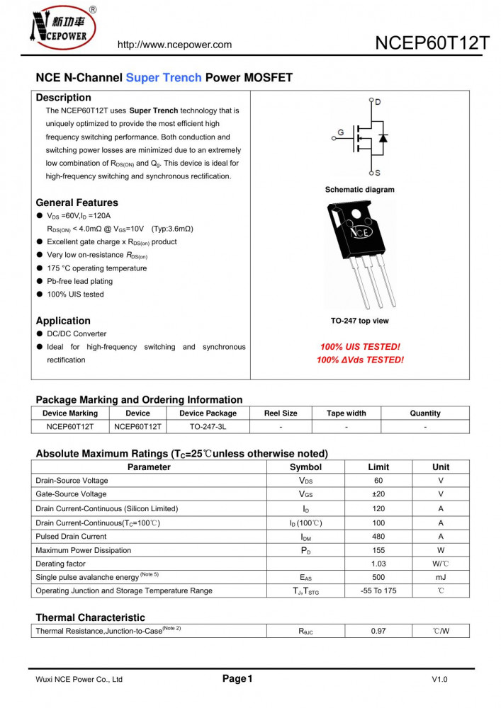 NCEP60T12T datasheet page 1