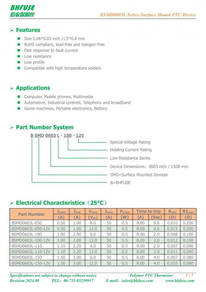 BHFUSE BSMD0603L series datasheet page 1