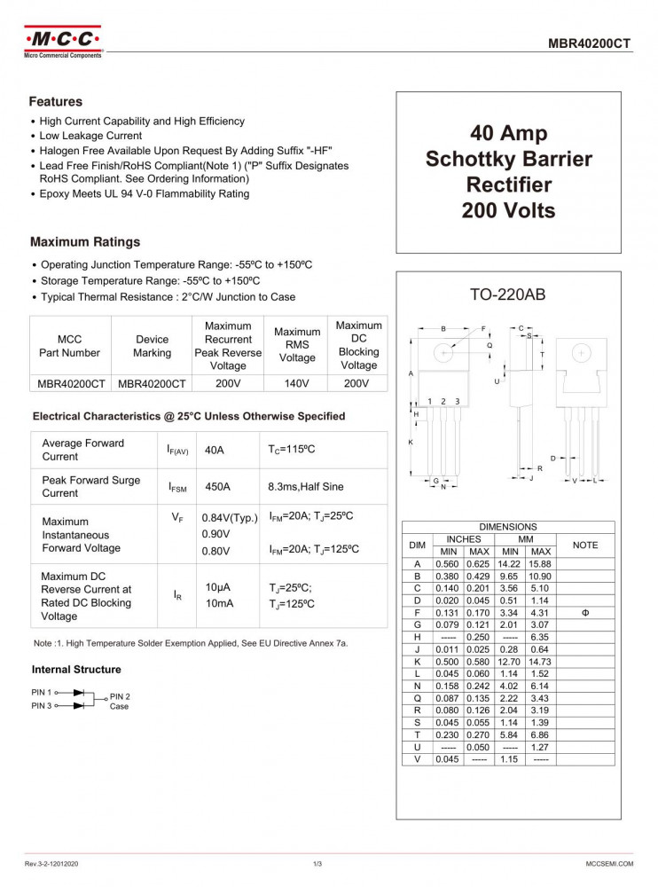 MBR40200CT-BP technical document page 1