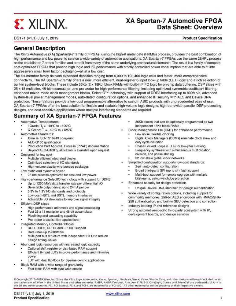 XA Spartan-7 datasheet page 1