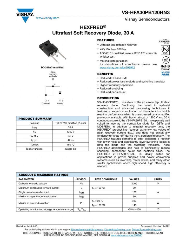 VS-HFA30PB120HN3 datasheet page 1