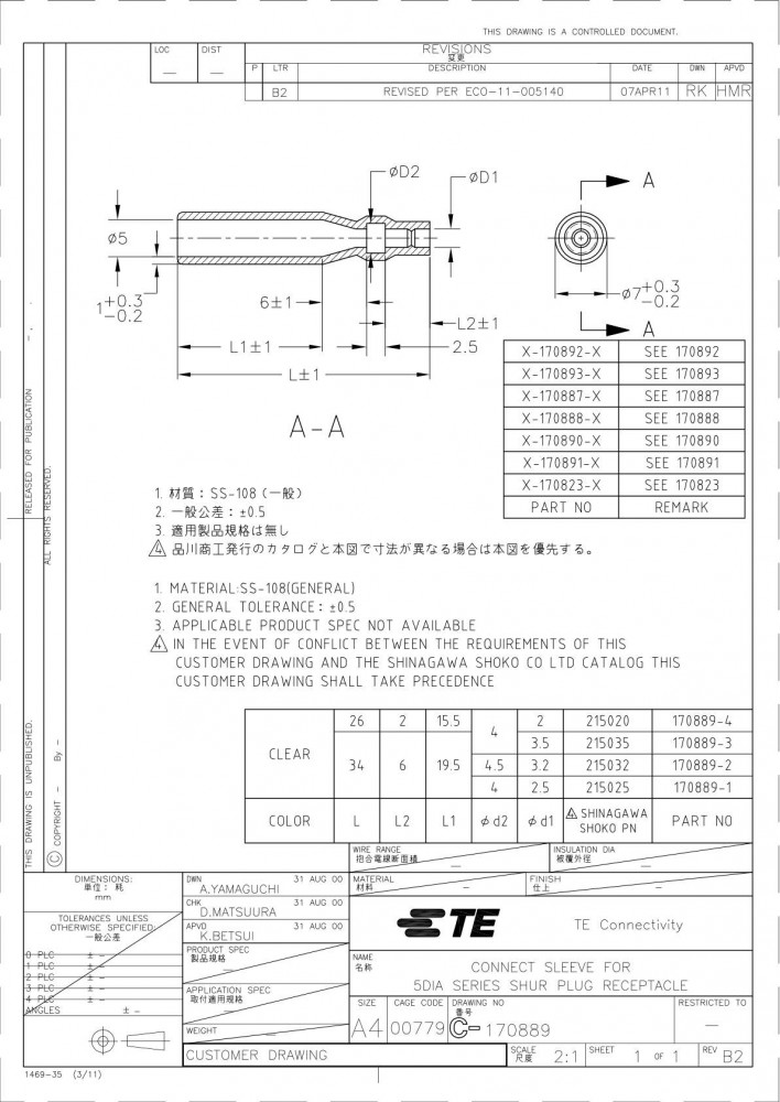 TE Connectivity 170889-1 controlled drawing