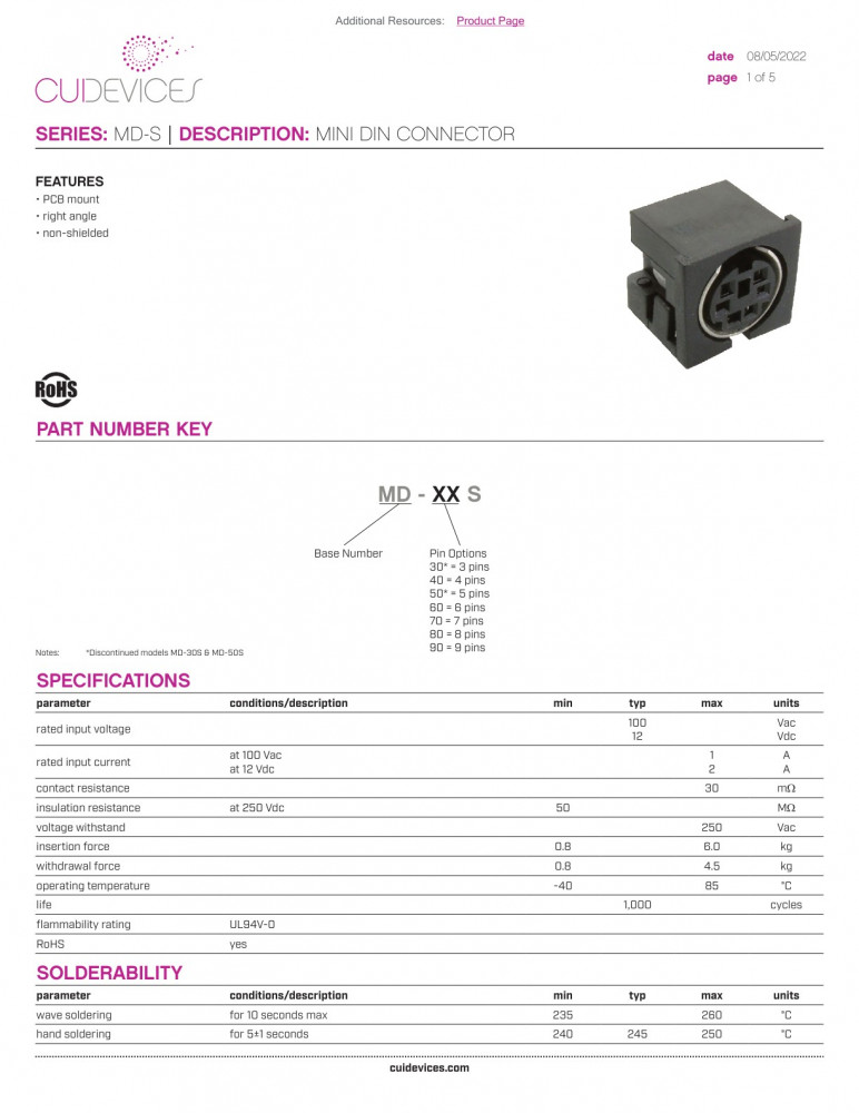 CUI MD-70S datasheet page 1