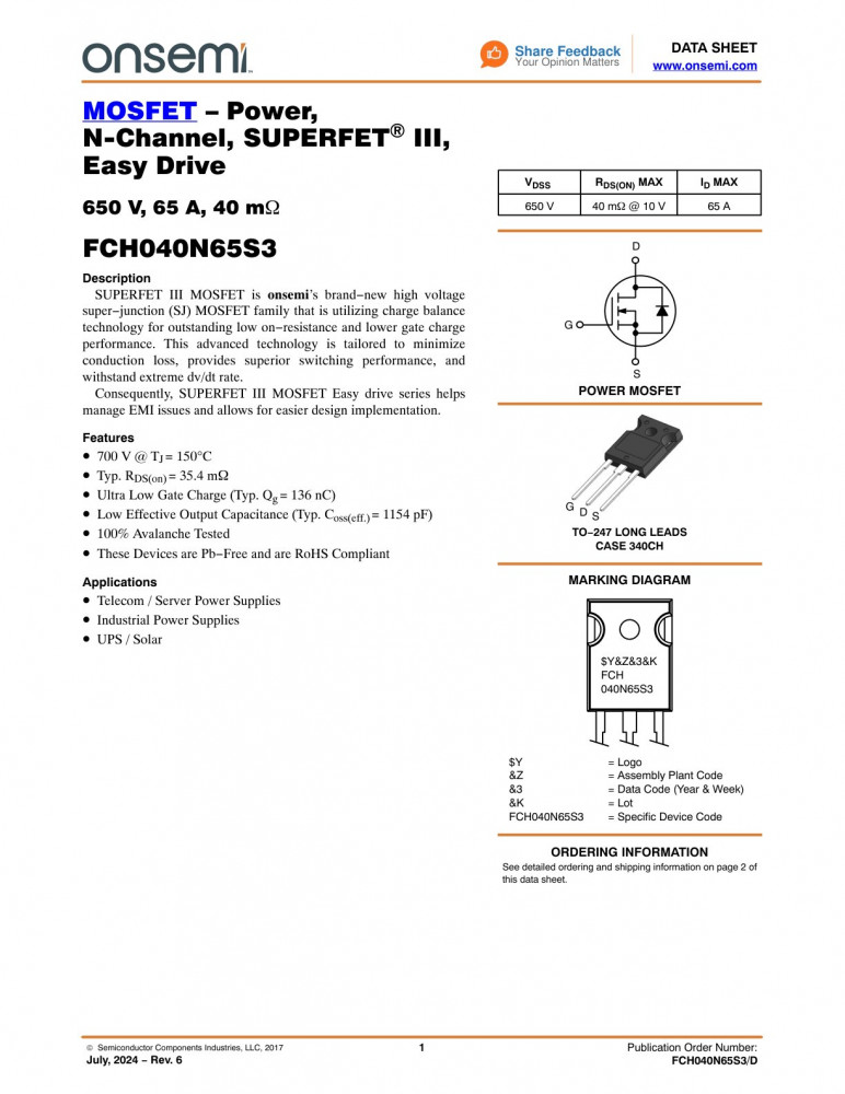 FCH040N65S3 datasheet page 1