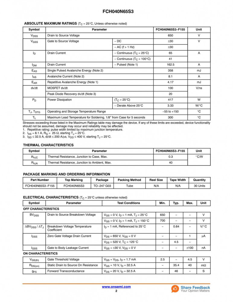 FCH040N65S3 datasheet page 2