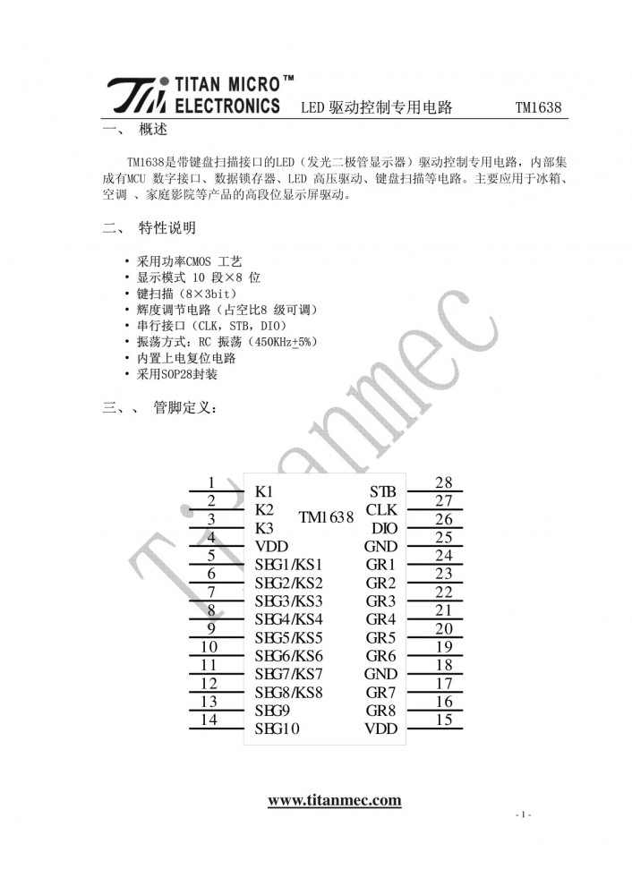 TM1638 datasheet page 1