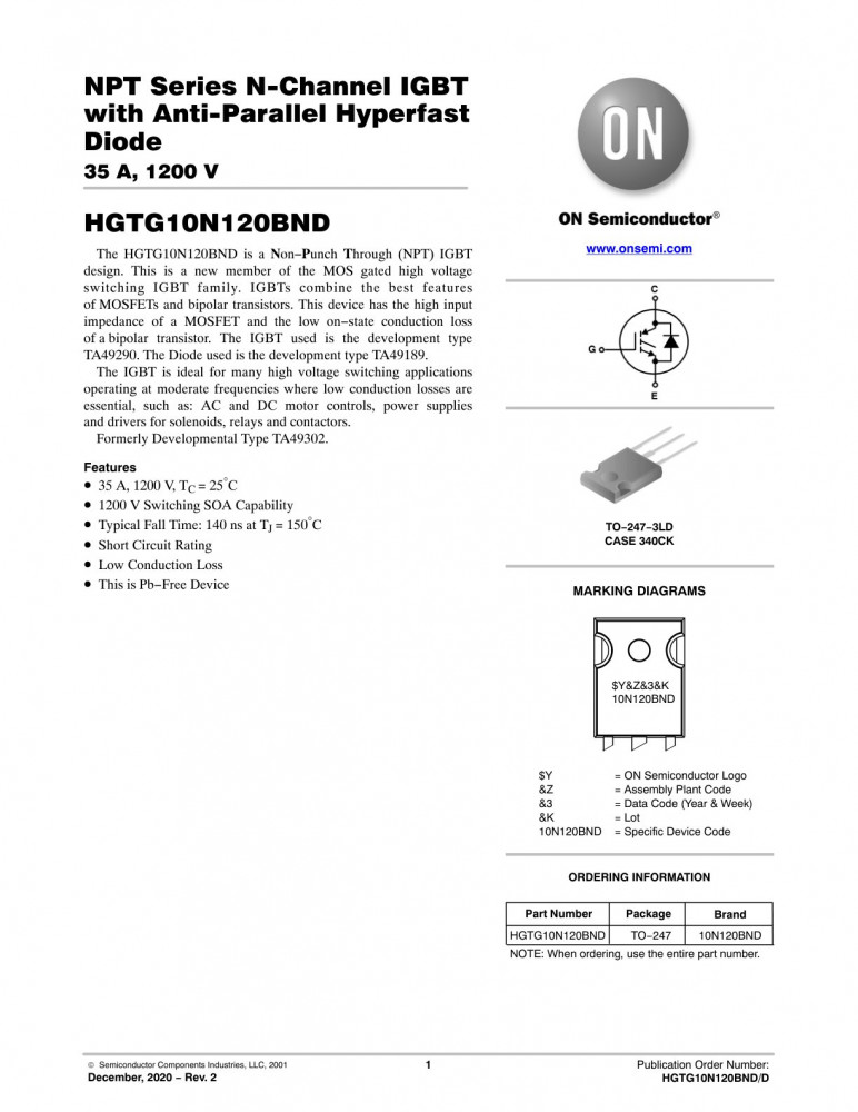 HGTG10N120BND technical document, page 1
