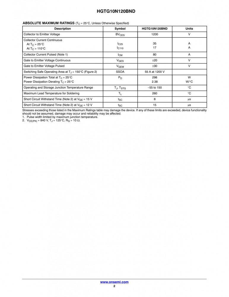 HGTG10N120BND technical document, page 2