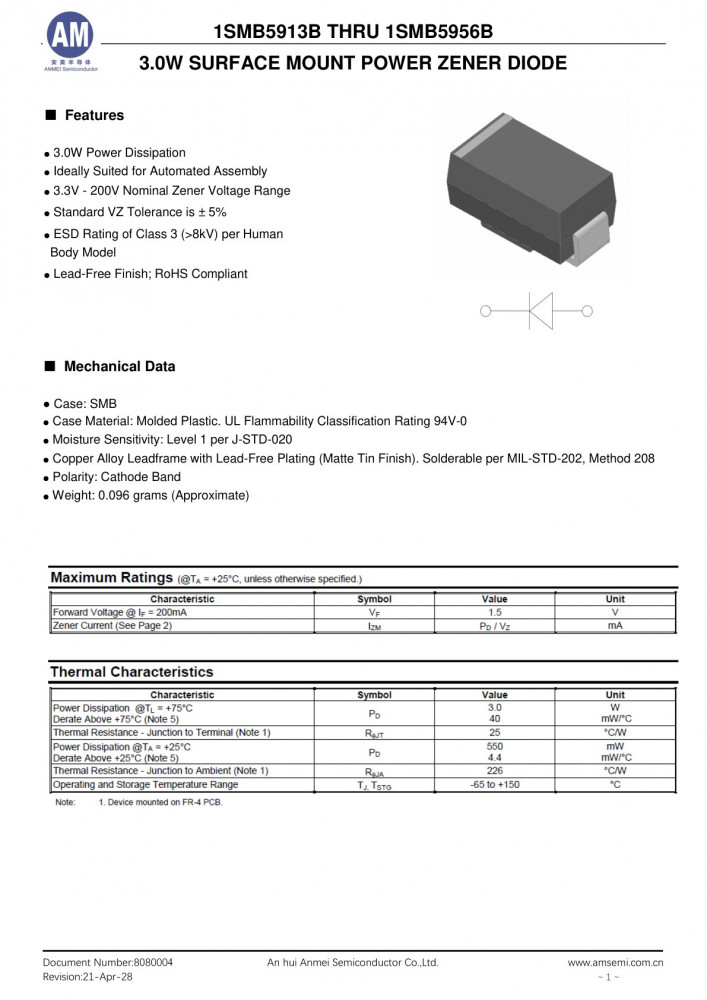 1SMB5934B datasheet page 1