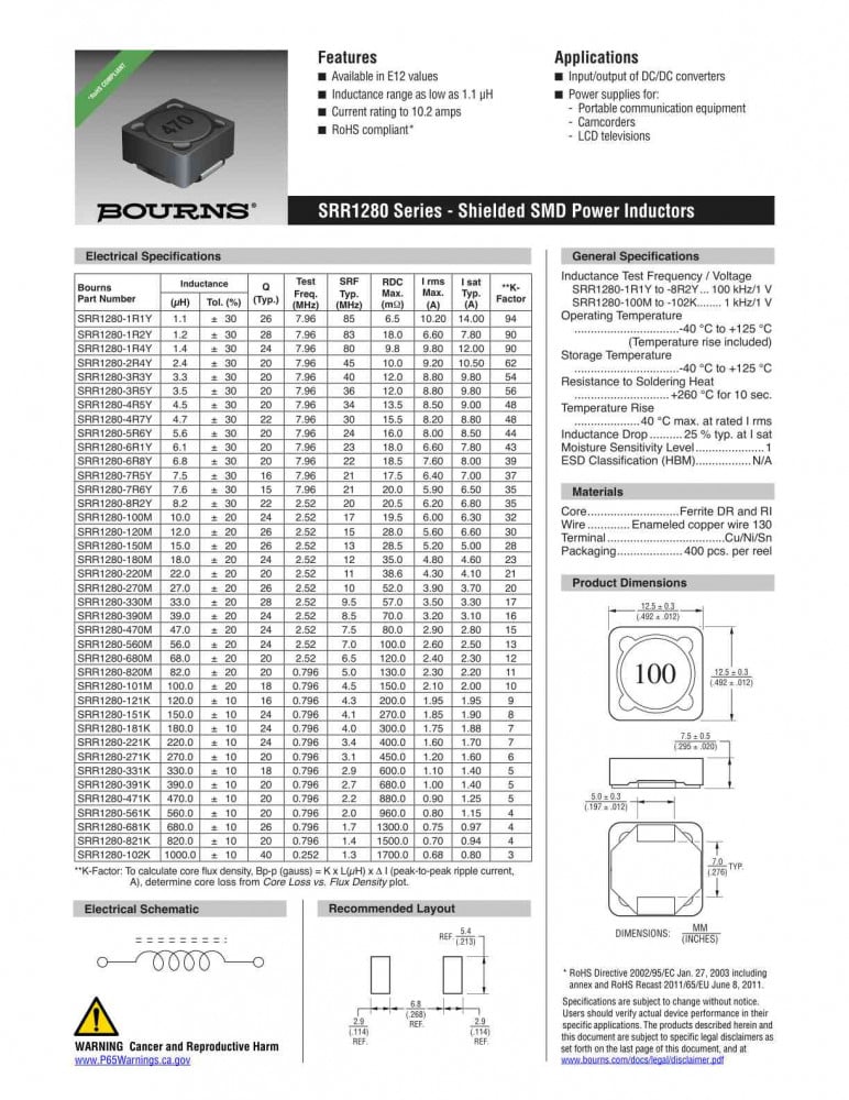 Bourns SRR1280 datasheet page 1