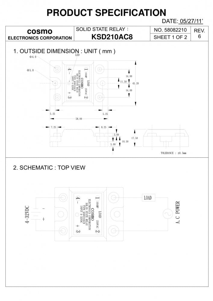 Cosmo KSD210AC8 specification sheet page 1