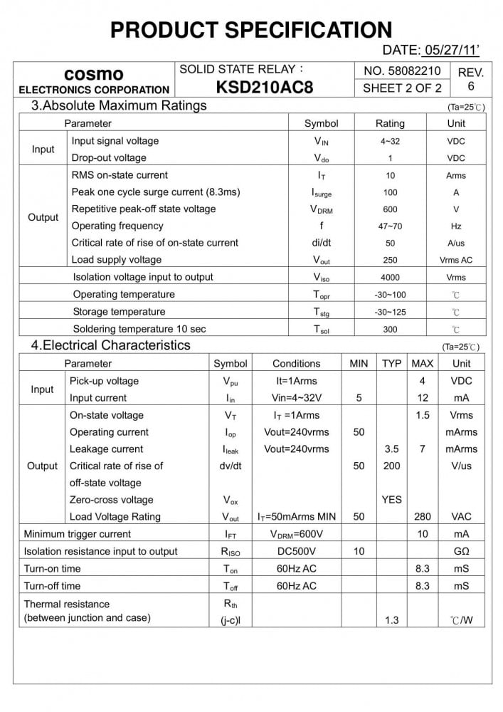 Cosmo KSD210AC8 specification sheet page 2
