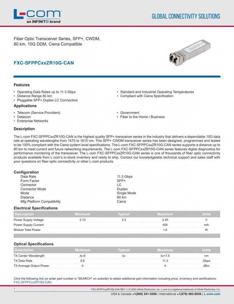L-com FXC-SFPPC47ZR10G-CAN datasheet page 1