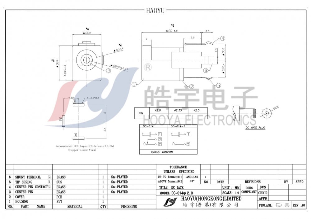 HOOYA DC-014φ2.0 DC jack technical drawing