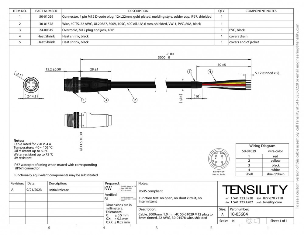 Tensility 10-05604 cable assembly drawing and wiring information