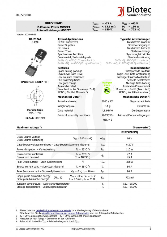DIOTEC DI077P06D1 technical document page 1