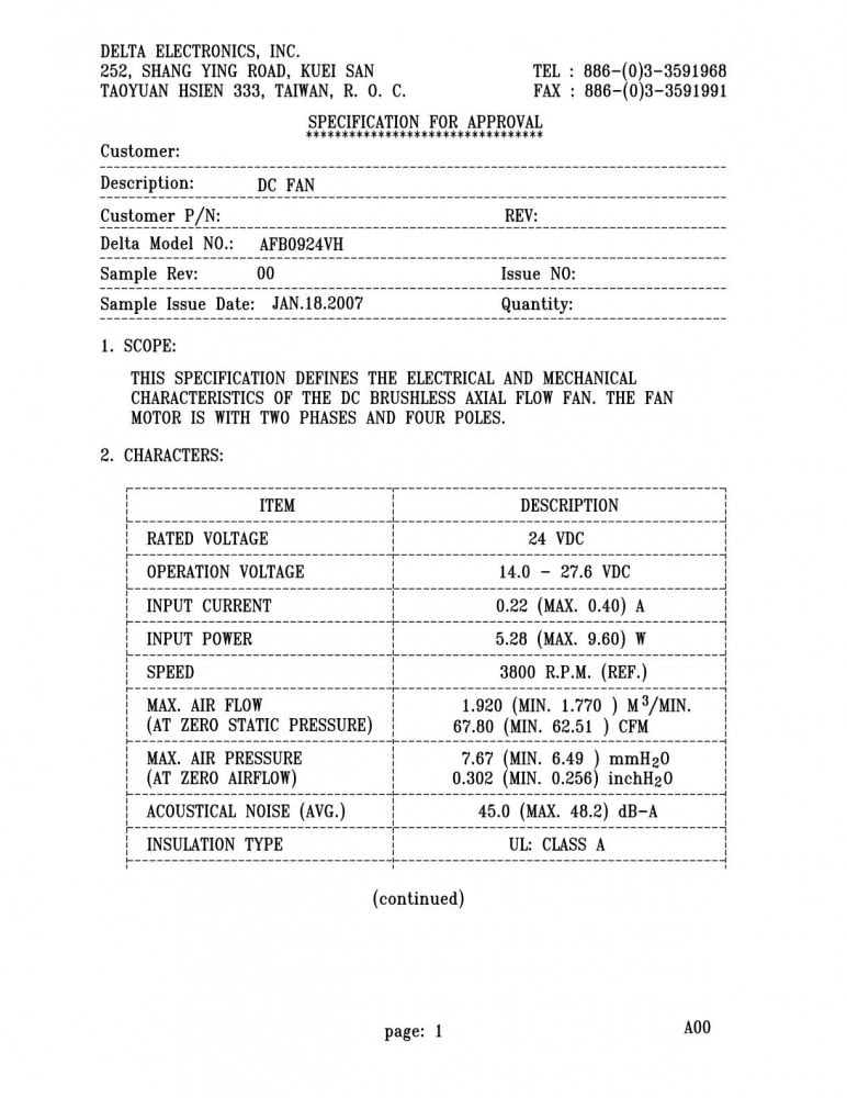 AFB0924VH specification page 1