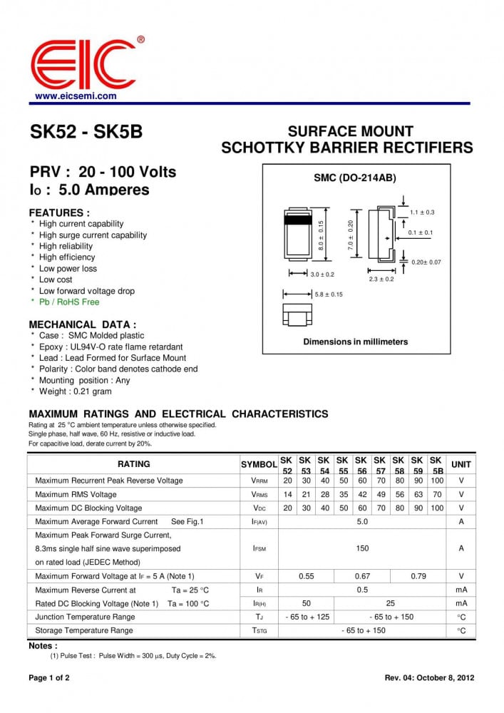 EIC SK5B datasheet page 1