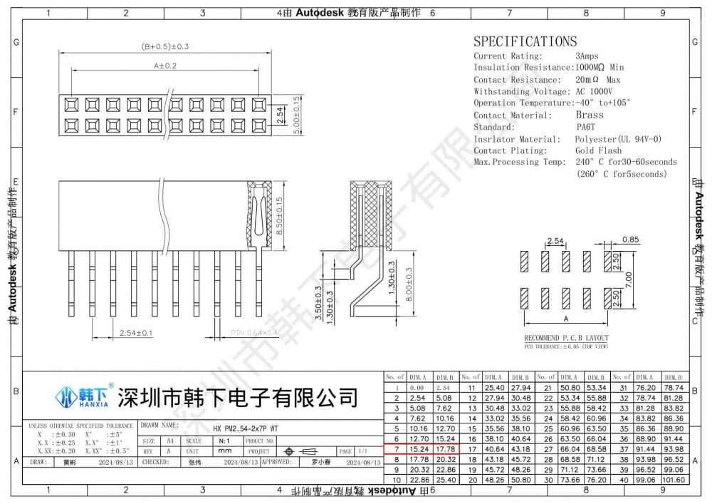HX PM2.54-2x7P WT technical drawing preview