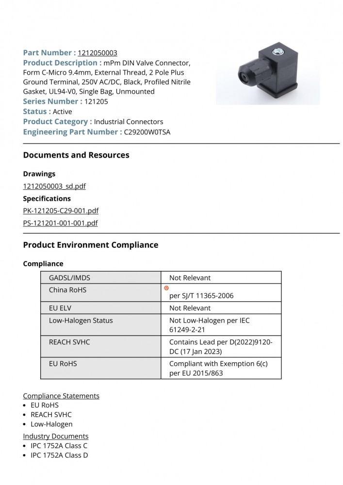 DIN valve connector specification preview, page 1