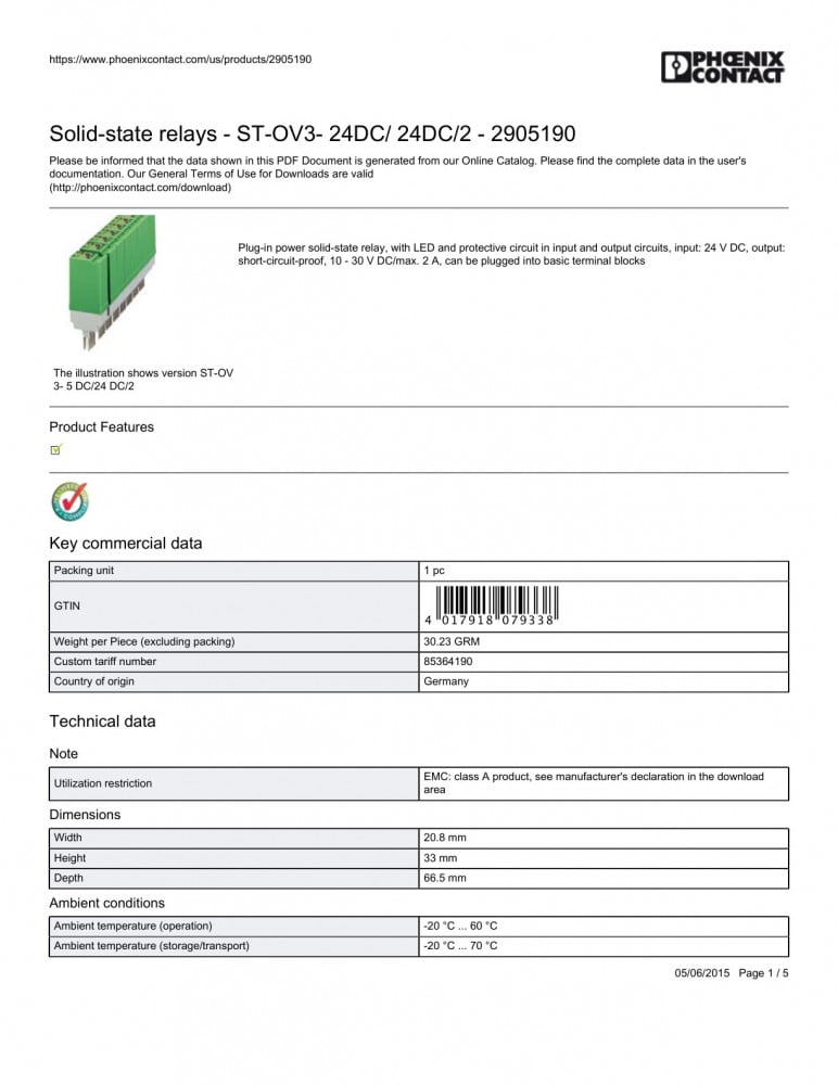 Phoenix Contact 2905190 product document page 1