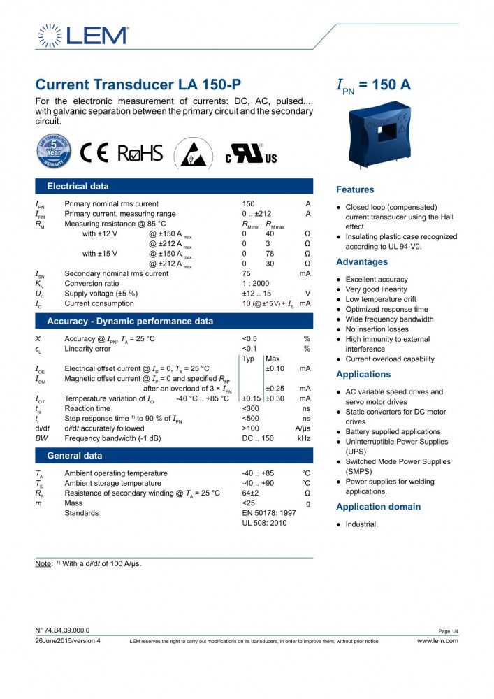 LEM LA150-P datasheet page 1