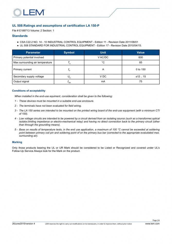 LEM LA150-P datasheet page 2