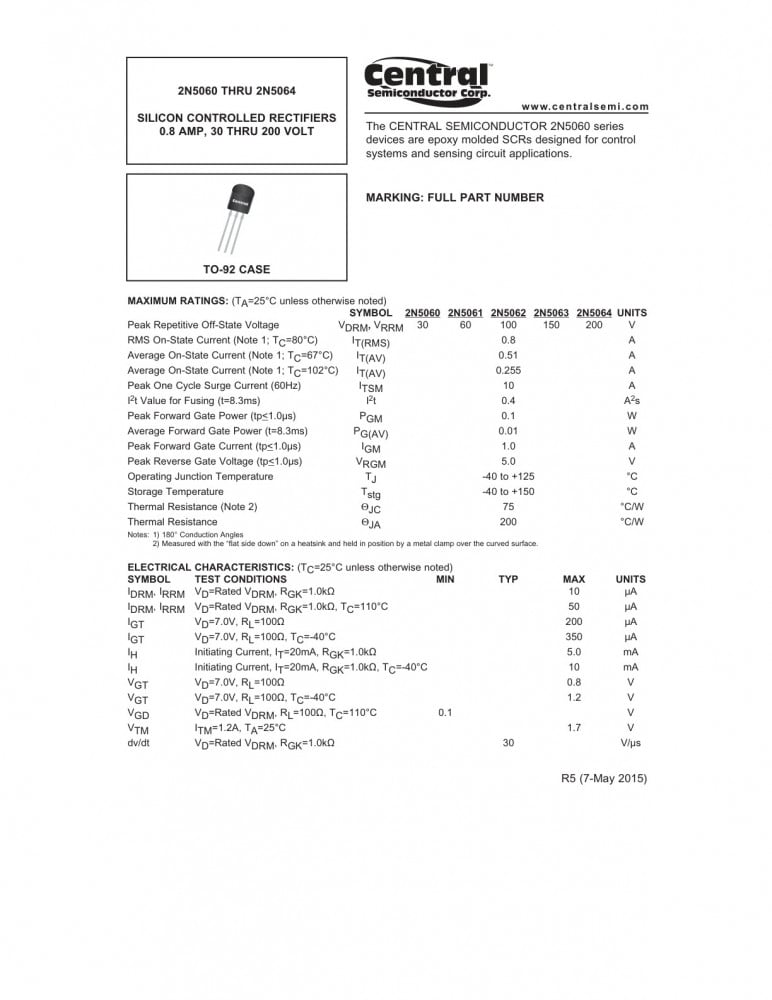 Central 2N5060 to 2N5064 datasheet page 1