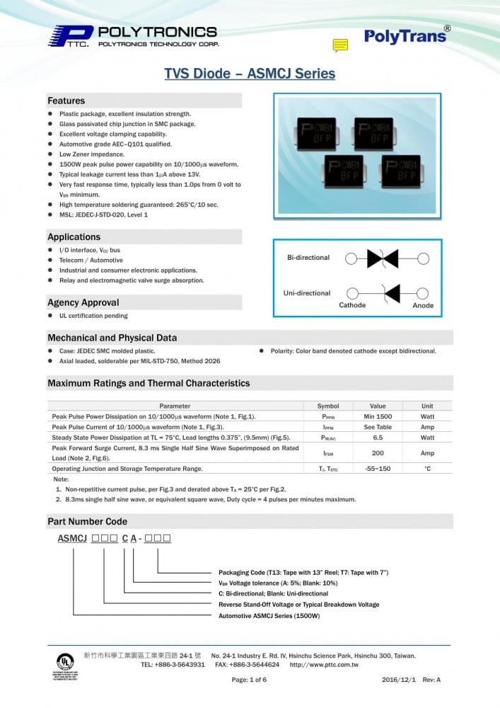 ASMCJ series datasheet page 1