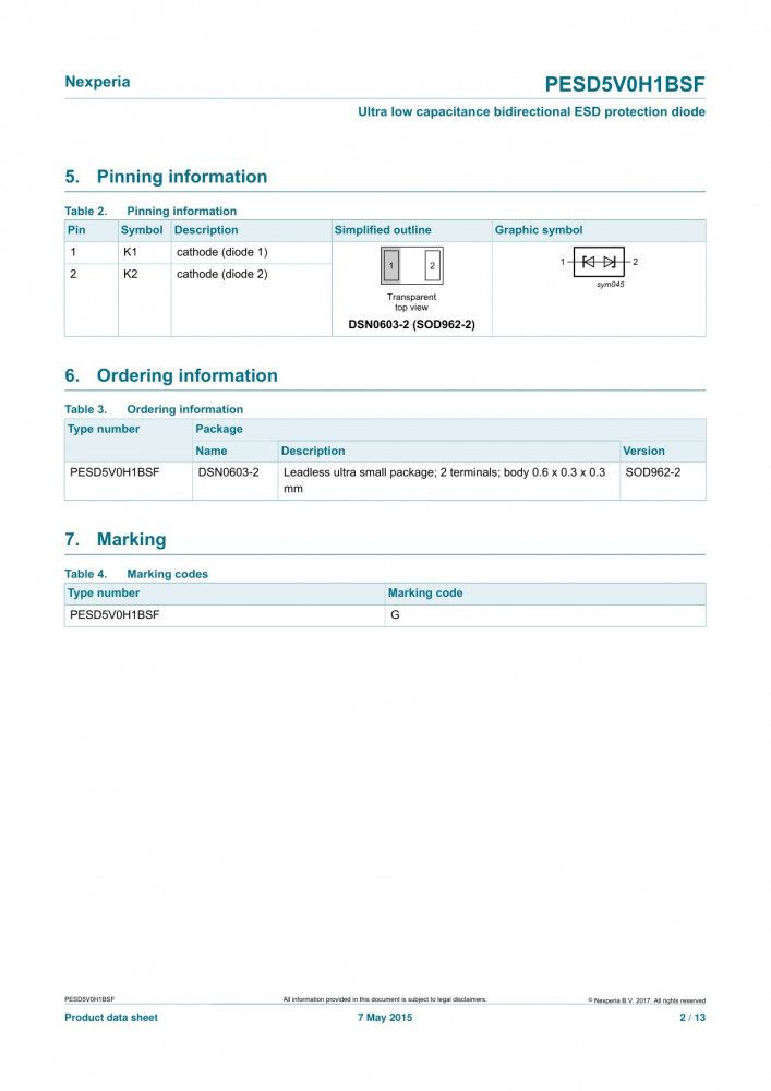 PESD5V0H1BSF datasheet page 2