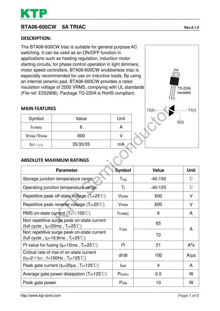 BTA06-600CW datasheet page 1
