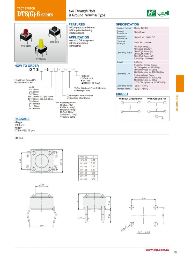 Diptronics DTS-6 tactile switch datasheet page 1