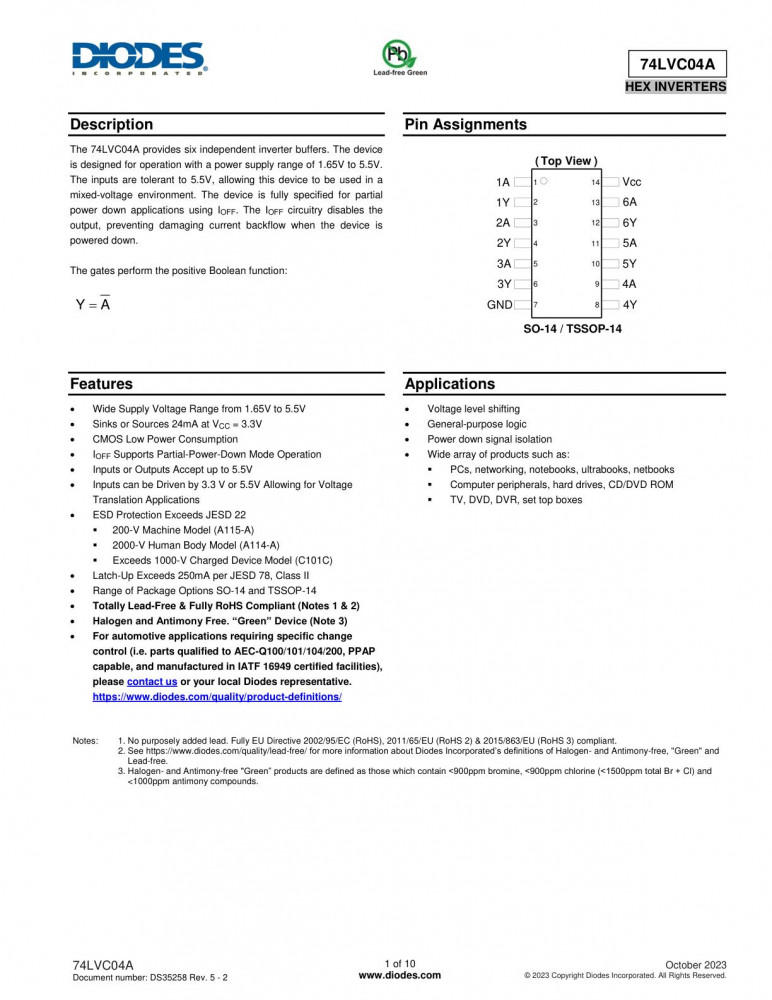 74LVC04AT14-13 datasheet page 1