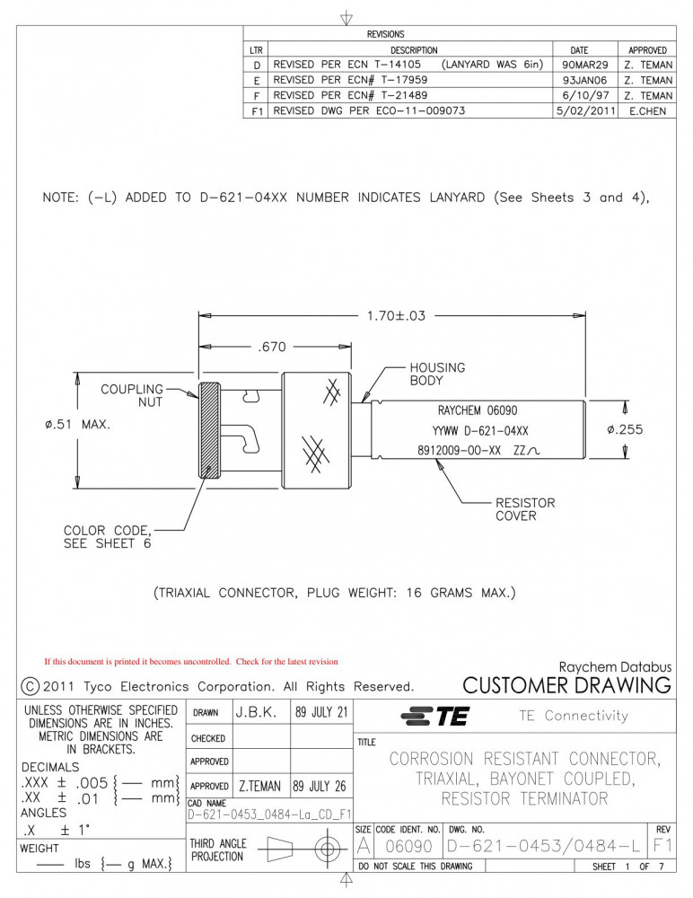D-621-0454-L customer drawing sheet 1