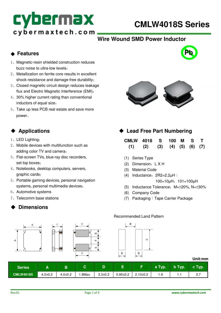 Cybermax CMLW4018S series datasheet page 1