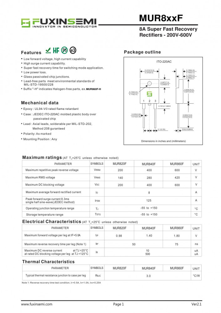 MUR860F datasheet page 1