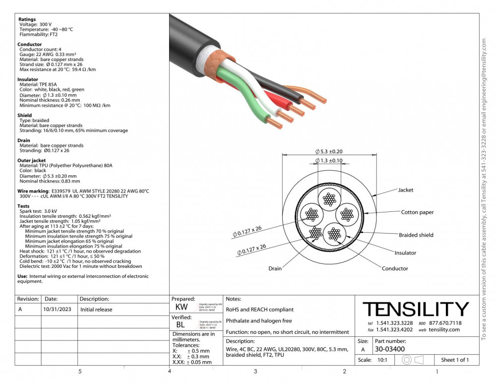 30-03400 cable product drawing and specification sheet
