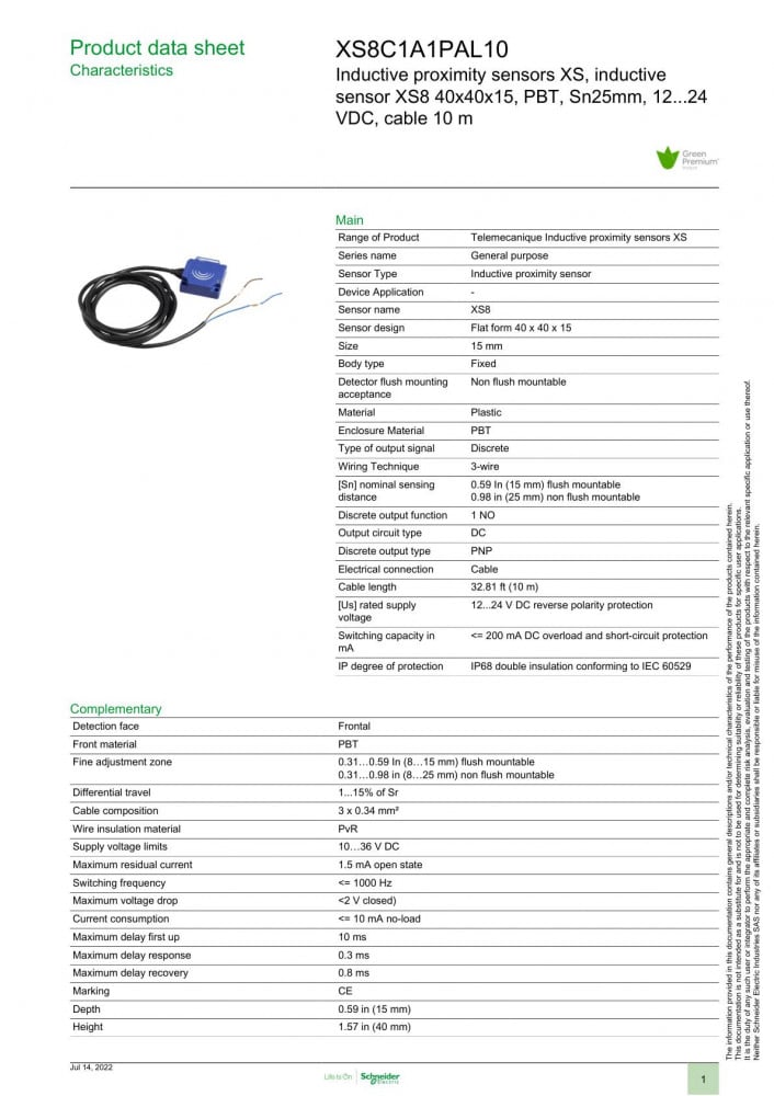 XS8C1A1PAL10 technical document page 1