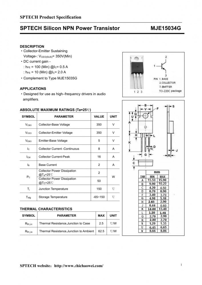 MJE15034G datasheet page 1