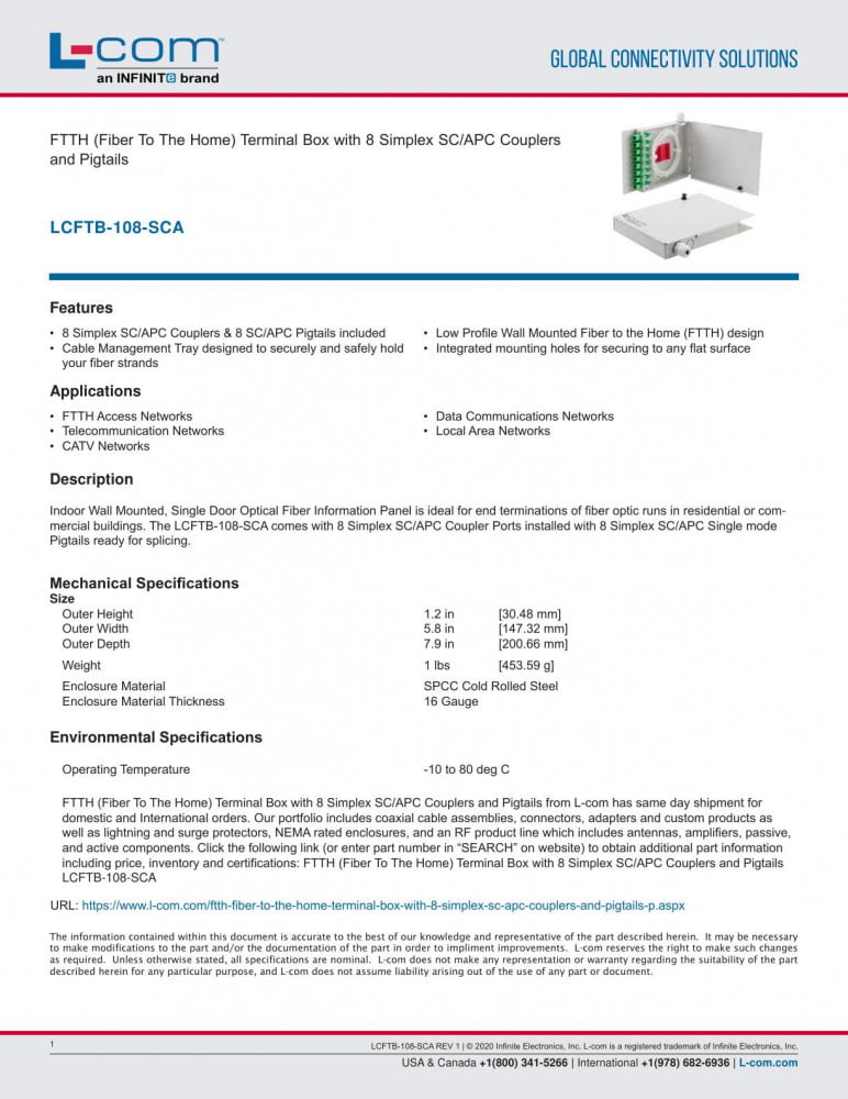 LCFTB-108-SCA technical drawing and product documentation page 1