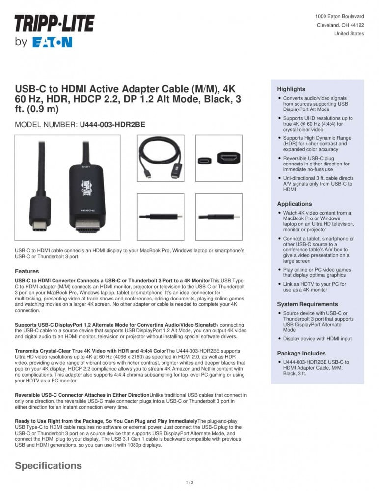 U444-003-HDR2BE technical document page 1