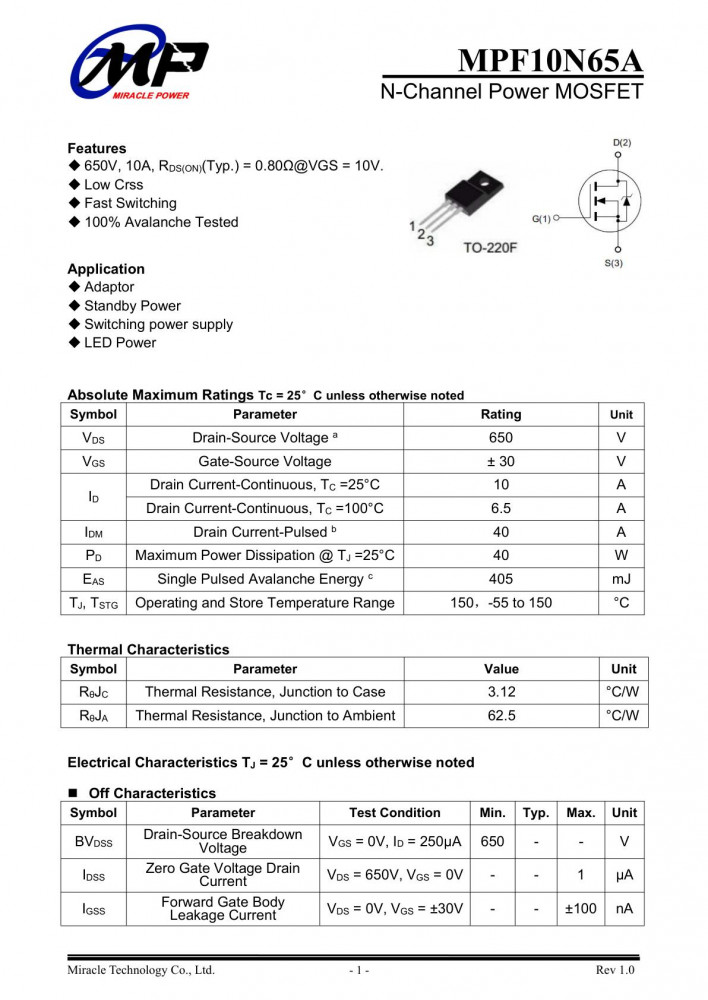MPF10N65A datasheet page 1