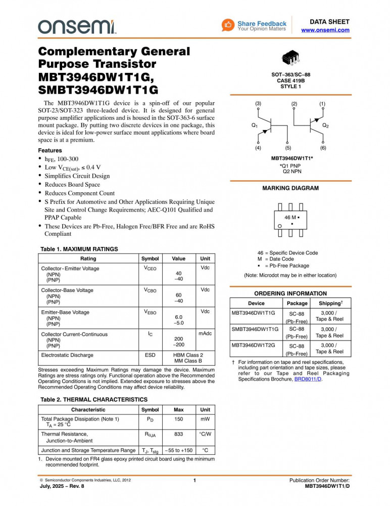 MBT3946DW1T2G datasheet page 1